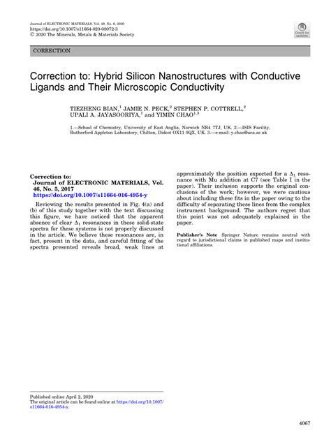 Pdf Correction To Hybrid Silicon Nanostructures With Conductive Ligands And Their Microscopic