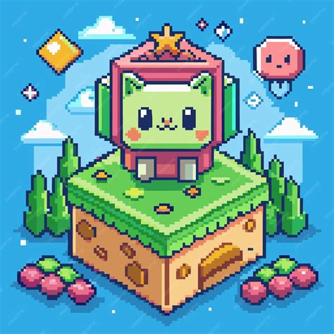 Pixelated Cat Character Wearing A Crown With A Grass Platform Sky Background Premium Ai