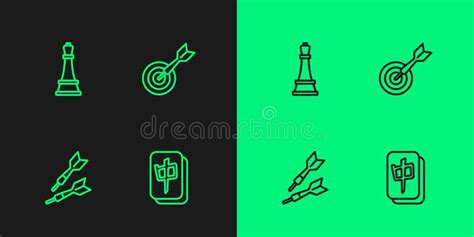 Set Line Mahjong Pieces Dart Arrow Chess And Classic Dart Board And Icon Vector Stock Vector