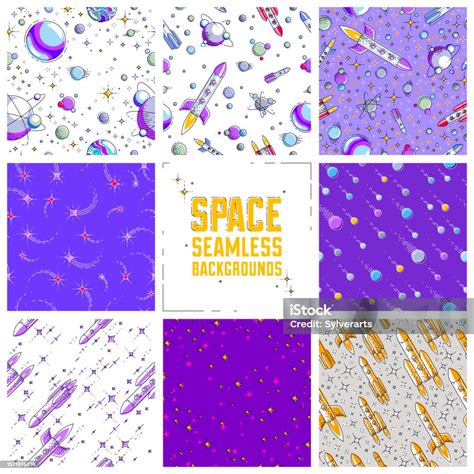 아이 들 끝 없는 타일링 패턴 벡터에 대 한 원활한 공간 배경 로켓 행성 소행성 혜성 유성 및 별 알려지지 않은 깊은 우주 환상적인 섬유 직물의 집합입니다 0명에 대한 스톡