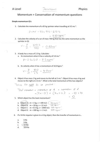 Momentum And Conservation Of Momentum Questions Teaching Resources