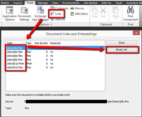 resolve link dialog box when opening file with fea results in inventor