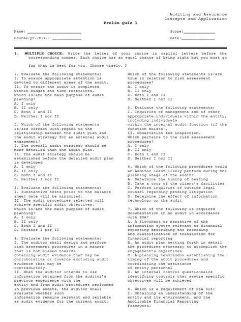 Auditing Theory Prelim Quiz Pdf Audit Internal Control