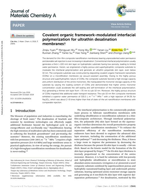 Pdf Covalent Organic Framework Modulated Interfacial Polymerization For Ultrathin Desalination