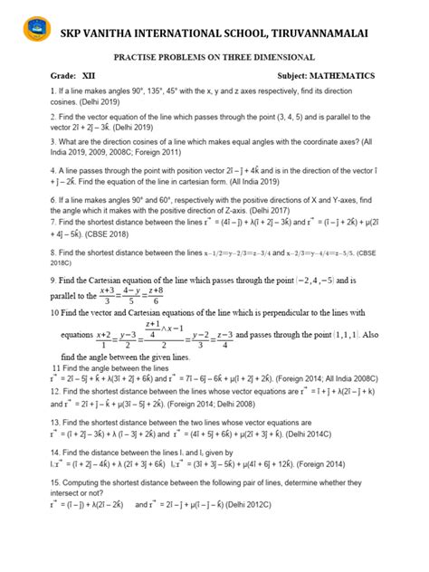 Practise Problems On Three Dimensional Download Free Pdf Cartesian