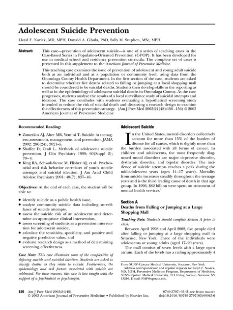 Adolescent Suicide Prevention Adolescent Suicide Prevention Lloyd F Novick Md Mph Donald A