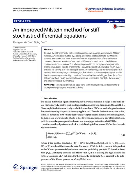 Pdf An Improved Milstein Method For Stiff Stochastic Differential