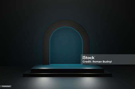 디스플레이 스테이지가 있는 검은색 아치 및 파란색 조명 복사 공간 3d 렌더링이 있는 빈 연단 3차원 형태에 대한 스톡 사진 및 기타 이미지 Istock