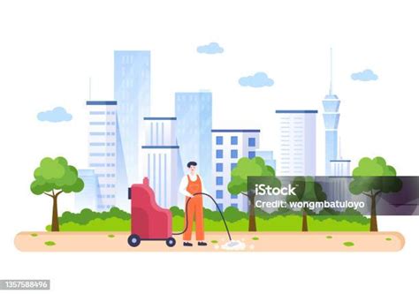 청소 서비스 평면 디자인 일러스트 배경 배너 또는 포스터빗자루로 나뭇잎에서 길을 청소하고 청소하는 사람들 가사 집안일에 대한 스톡 벡터 아트 및 기타 이미지 Istock