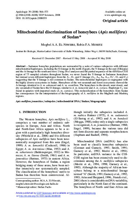 Pdf Mitochondrial Discrimination Of Honeybees Apis Mellifera Of Sudan