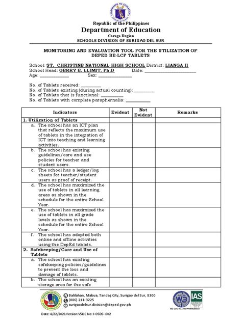 Monitoring Tool For The Use Of Deped Tablets Pdf
