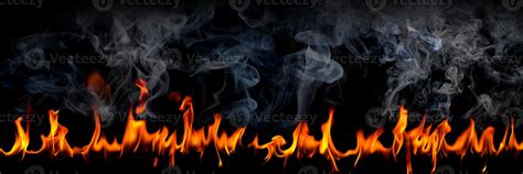 Fire Flames With Smoke On Black Background Burning Red Hot Sparks Rise