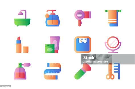 뷰티 아이콘은 컬러 평면 디자인으로 설정됩니다 목욕 로션 화장품 헤어 드라이어 수건 립스틱 크림 바닥 저울 거울 향수 및 기타 팩 웹 사이트 및 모바일 앱에 대한 벡터