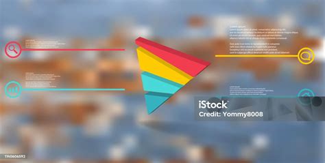 3d 그림 인포 그래픽 템플릿입니다 양각 삼각형은 무작위로 4 개의 색상 부분으로 나뉩니다 개체는 흐린 된 사진 배경에 배열 된다 원에 기호가 있는 선은 측면에 있습니다 0