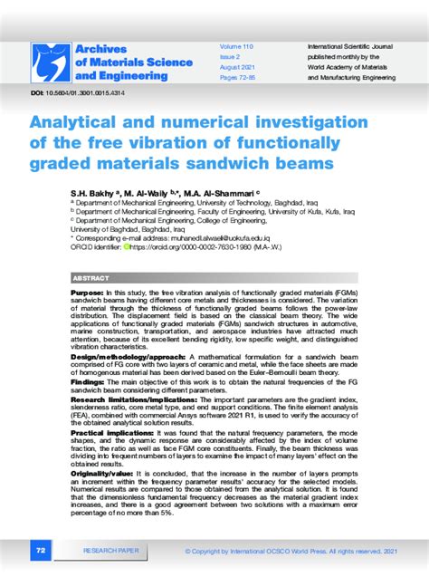 Pdf Analytical And Numerical Investigation Of The Free Vibration Of Functionally Graded
