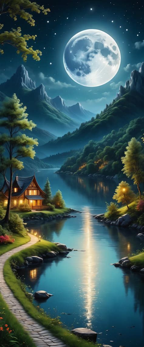 집 위에 있는 집과 보름달이 있는 풍경의 그림 Seaart Ai