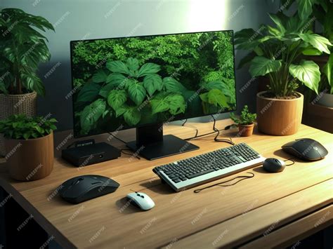 Premium Photo Creative Computer Desk Arrangement Stands On A Wooden