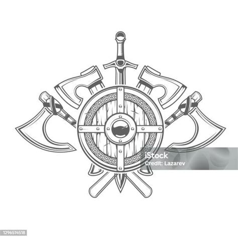 둥근 바이킹 방패와 차가운 팔 축과 칼 중세 갑옷 벡터와 엠블럼 중세에 대한 스톡 벡터 아트 및 기타 이미지 중세 패턴