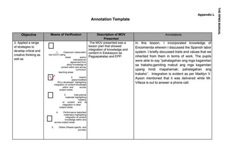 Sample Template For Annotations To Be Use In The Ipcrf Of Teachers Docx