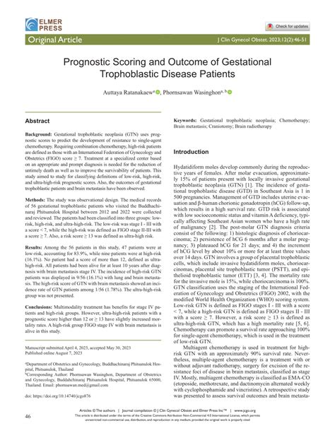 Pdf Prognostic Scoring And Outcome Of Gestational Trophoblastic