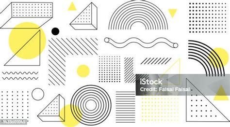 유니버설 트렌드 하프톤 기하학적 모양은 밝은 노란색 요소 구성과 나란히 설정됩니다 잡지 전단지 광고판 전단지 판매 브로셔 등의 디자인 요소 0명에 대한 스톡 벡터 아트 및