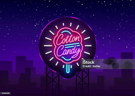 코 튼 캔디 네온 간판입니다 솜 사탕 로고 네온 스타일 기호 배너 빛 밝은 솜 사탕 밤 광고 광고 판 디자인 서식 파일입니다