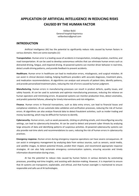 Pdf Application Of Artificial Intelligence In Reducing Risks Caused