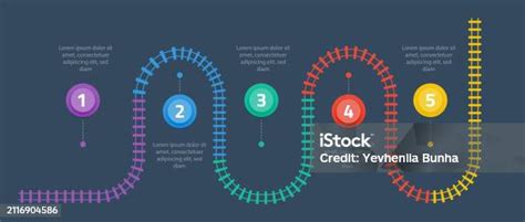 철도 트랙 인포그래픽 숫자가 있는 비즈니스 템플릿 5가지 옵션 또는 단계 철도 간단한 아이콘 철도 트랙 방향 기차 트랙 검은 배경에 다채로운 벡터 그림 개념에 대한 스톡