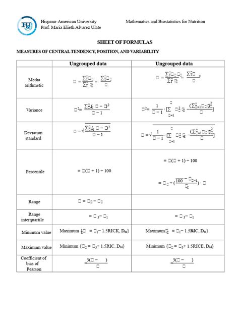 Statistics Course Formula Sheet Pdf Variance Statistics