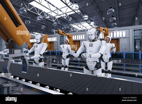 D Rendering Robot Assembly Line With Robot Arms And Cyborgs Stock Photo Alamy