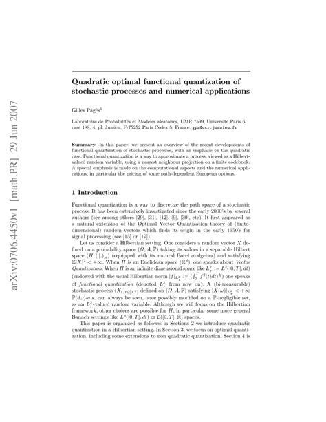 Pdf Quadratic Optimal Functional Quantization Of Stochastic Processes And Numerical Applications