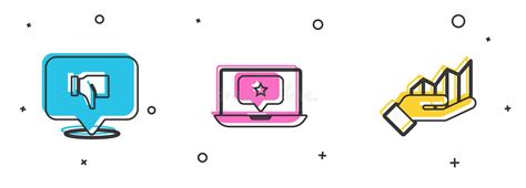 Set Dislike In Speech Bubble Laptop With Star And Pie Chart Infographic Icon Vector Stock