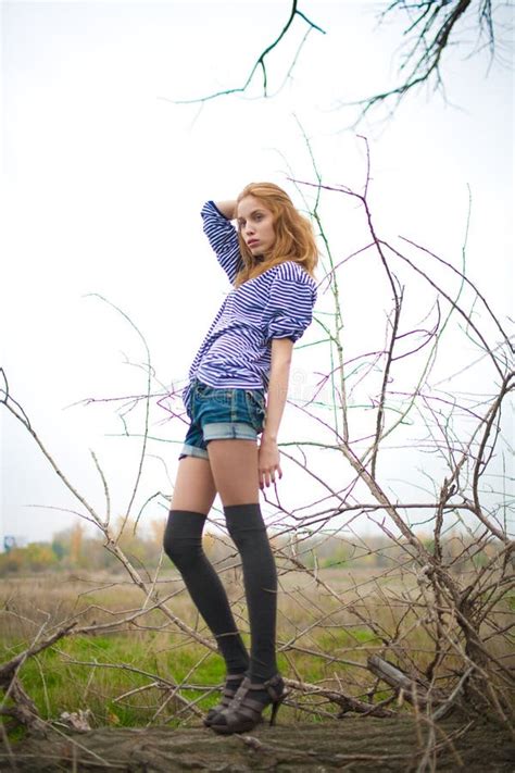 Redhead Girl In Stockings In Nature Stock Image Image Of Looking White