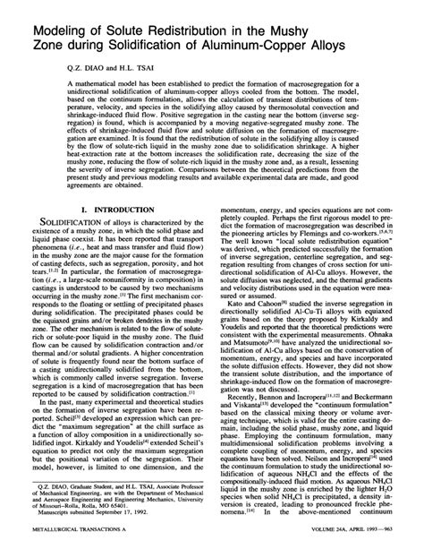 Pdf Modeling Of Solute Redistribution In The Mushy Zone During Solidification Of Aluminum