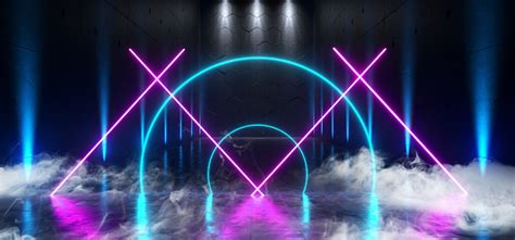 연기 네온 배경 큰 홀 갤러리 룸 공상 과학 소설 미래 지 하 선박 포털 빛나는 파란 자주색 반사에 게 콘크리트 스포트라이트 3d 렌더링 0명에 대한 스톡 사진 및 기타