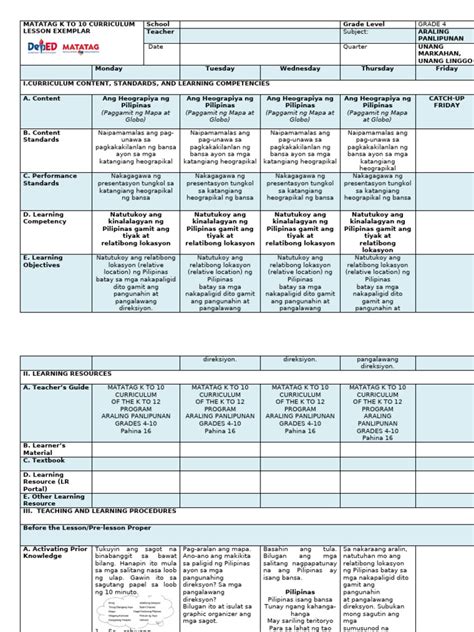 Grade 4 Q1w1 Matatag Le Ap Pdf