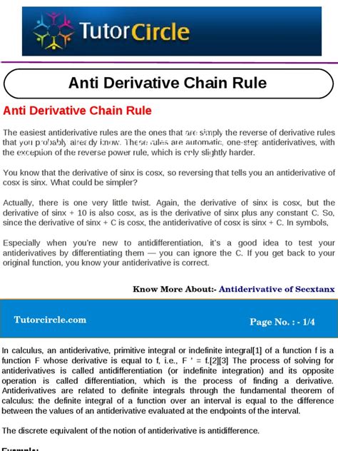 Anti Derivative Chain Rule Pdf Integral Functions And Mappings