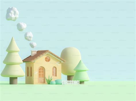 파스텔 컬러 3d 렌더링의 만화 스타일의 작은 집 그것은 평평한 파란색 배경을 가지고 있습니다 낮은 다각형 식물과 울타리로 장식되어 있으며굴뚝에서 연기가 뿜어져