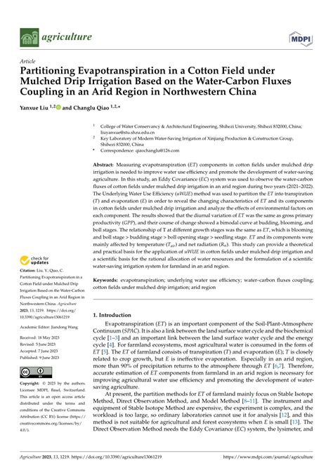 Pdf Partitioning Evapotranspiration In A Cotton Field Under Mulched Drip Irrigation Based On