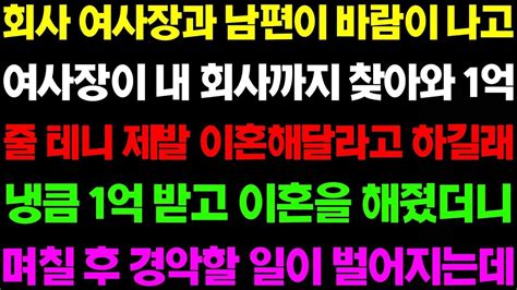실화사연 회사 여사장과 남편이 바람이 나고 여사장이 내 회사까지 찾아와 1억 줄 테니 제발 이혼해 달라고 하는데 사이다 사연