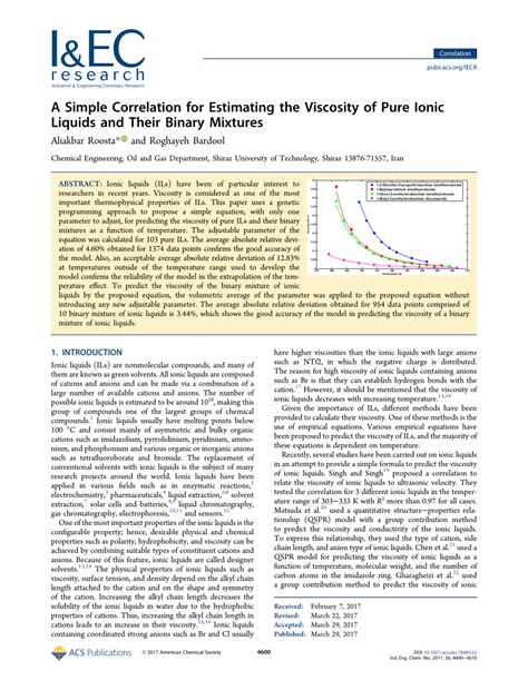Pdf A Simple Correlation For Estimating The Viscosity Of Pure Ionic Liquids And Their Binary