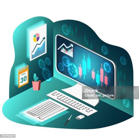 루블 프랑 파운드 원 엔 달러 유로 비트 코인 데스크탑 컴퓨터 일본 양 초 체크 리스트 등의 성장 그래프 아이소메트릭 스톡 벡터 일러스트입니다 투명도 화이트이 0명에 대한