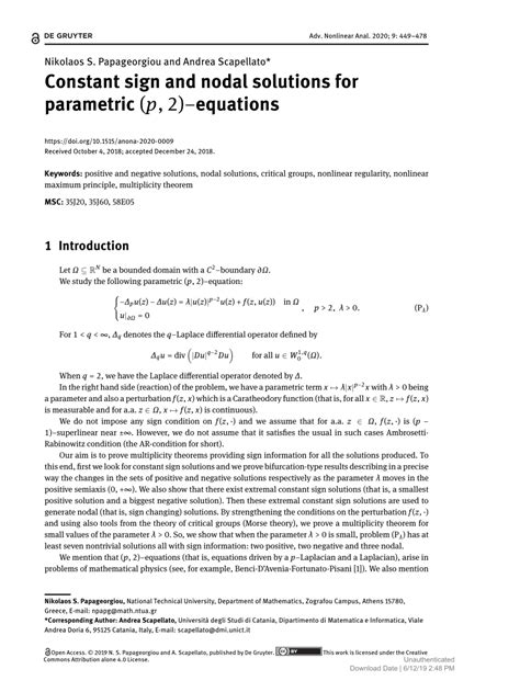 Pdf Constant Sign And Nodal Solutions For Parametric P 2 Equations