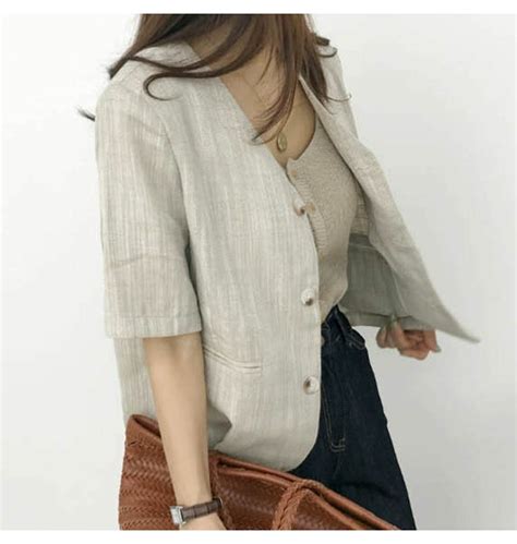 노카라 린넨반팔자켓 브이넥 크롭 여름 재킷 여성 티몬
