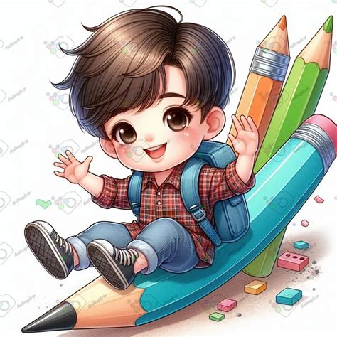 بک گراند کودکانه پسربچه ناز دانش آموز در حال سر خوردن روی مداد کد 43443