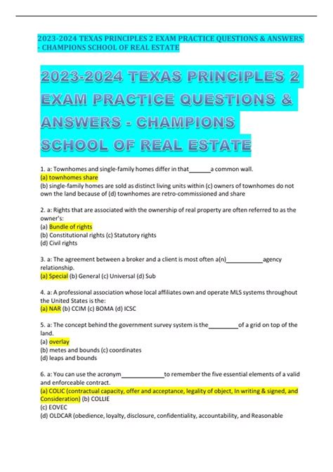 Texas Principles 2 Exam Practice Questions And Answers Champions School Of Real Estate 2023