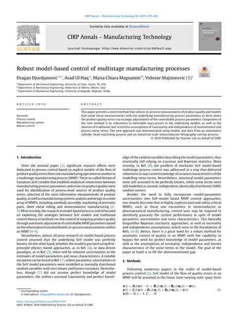 pdf robust model based control of multistage manufacturing processes