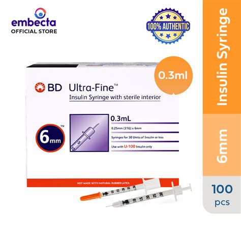Bd Ultra Fine 6mm Insulin Syringe 03mlcc 100 Pcs Box 10x10 Pouch