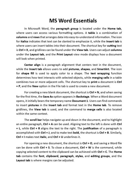 Ms Word Essentials Pdf Microsoft Word Keyboard Shortcut