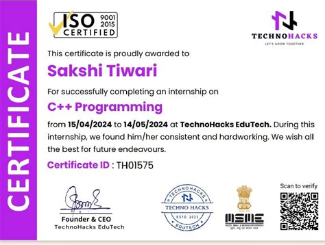 Sakshi Tiwari On Linkedin Cplusplus Certification Internship Technohackedutech